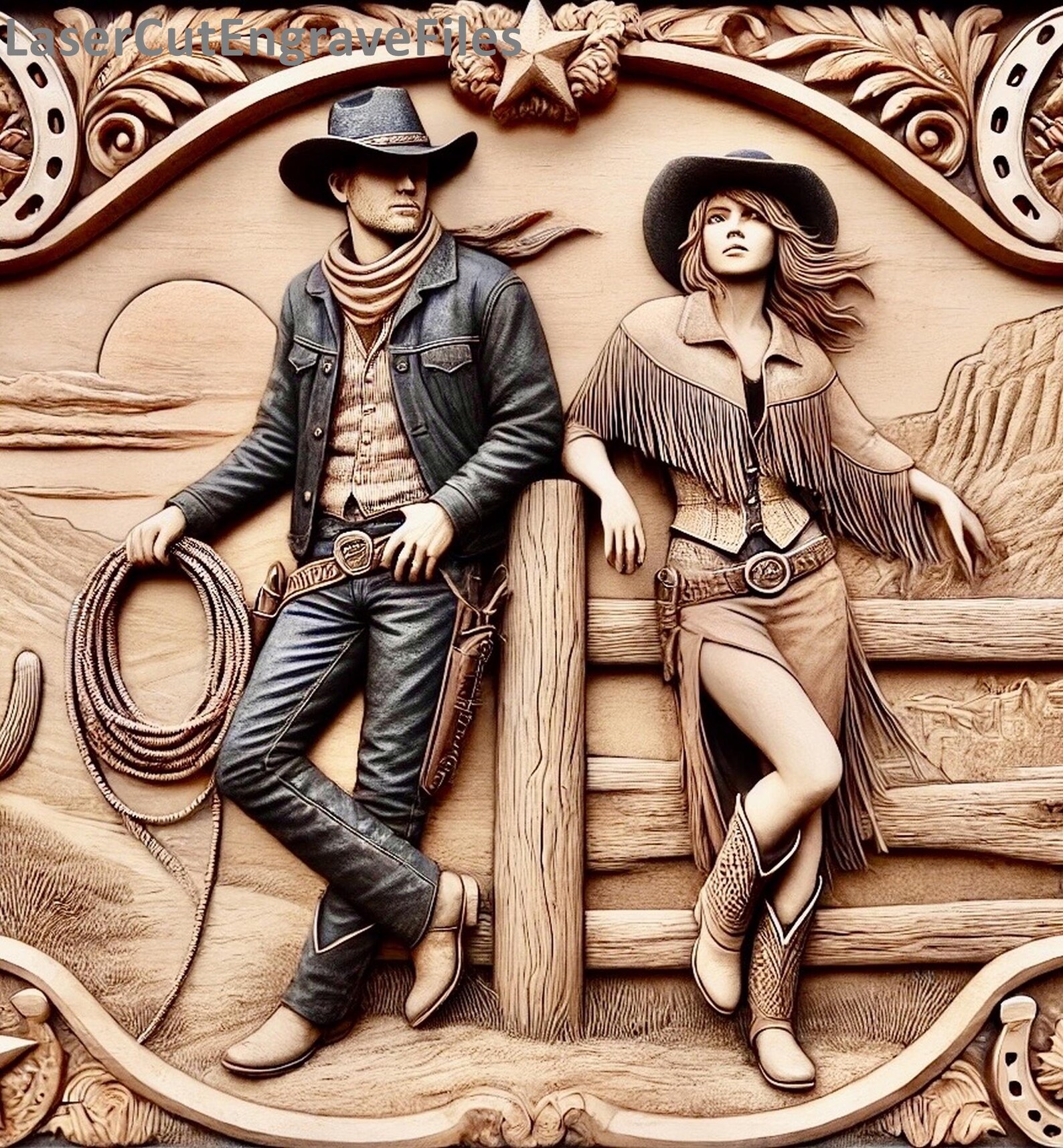 Western Laser Engraving Files: 3D Relief Designs (PNG Digital Bundle ...