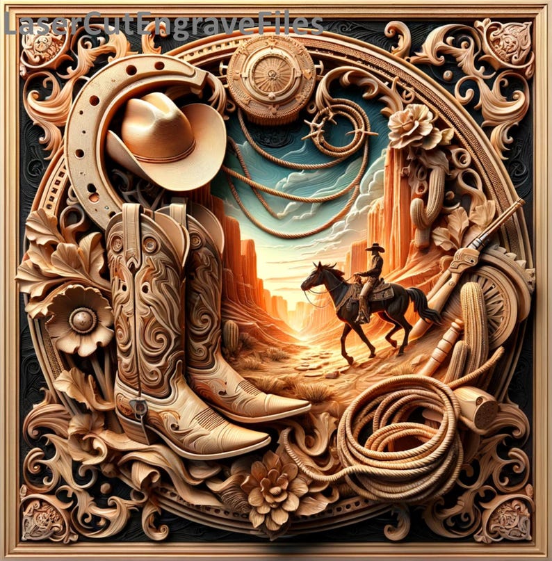 Western Laser Engraving Files: 3D Relief Designs (PNG Digital Bundle ...