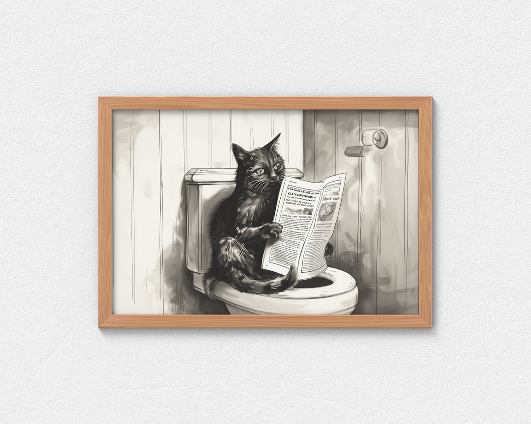Cat on Toilet Kitten Bathroom Art Cute Toilet Poster Animal in Toilet ...