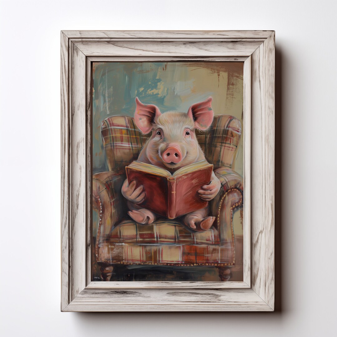 Pig Reading Book Cute Animal Printable Wall Art Funny Digital Print ...