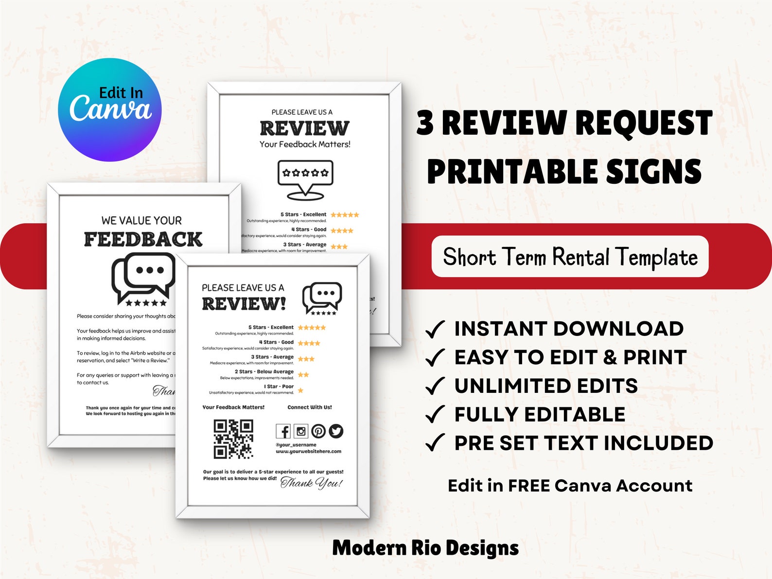 Airbnb Review Request Sign, Instant Download, Printable Sign, Short ...