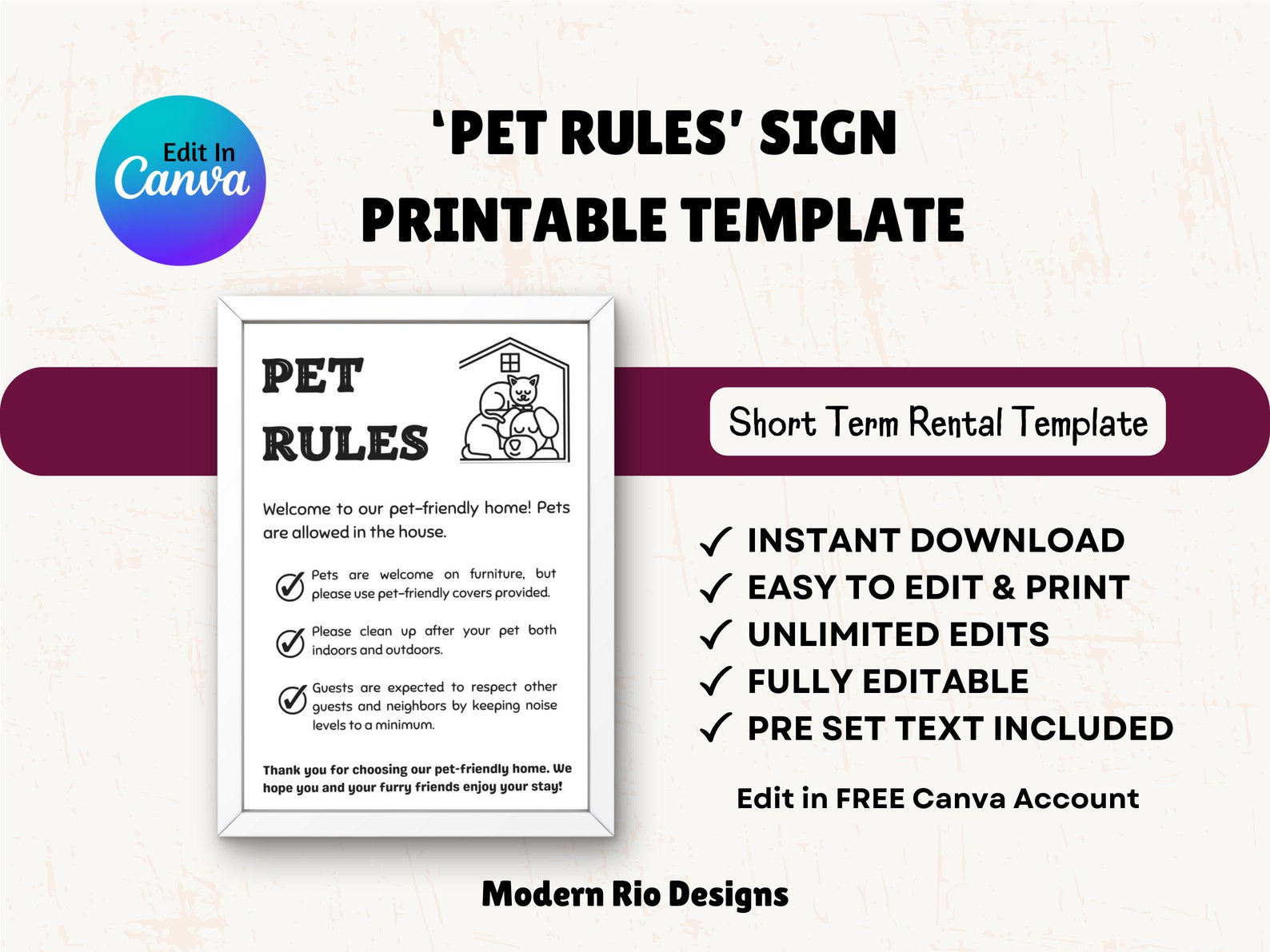 Pet Rules Airbnb Template Sign, Template Sign for Airbnb Hosts, Pet ...