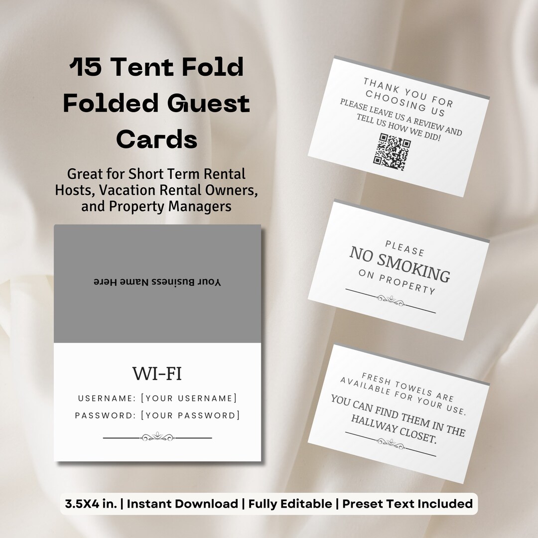Printable Folded Tent Cards for Short Term Rentals, Instant Download, 3 ...