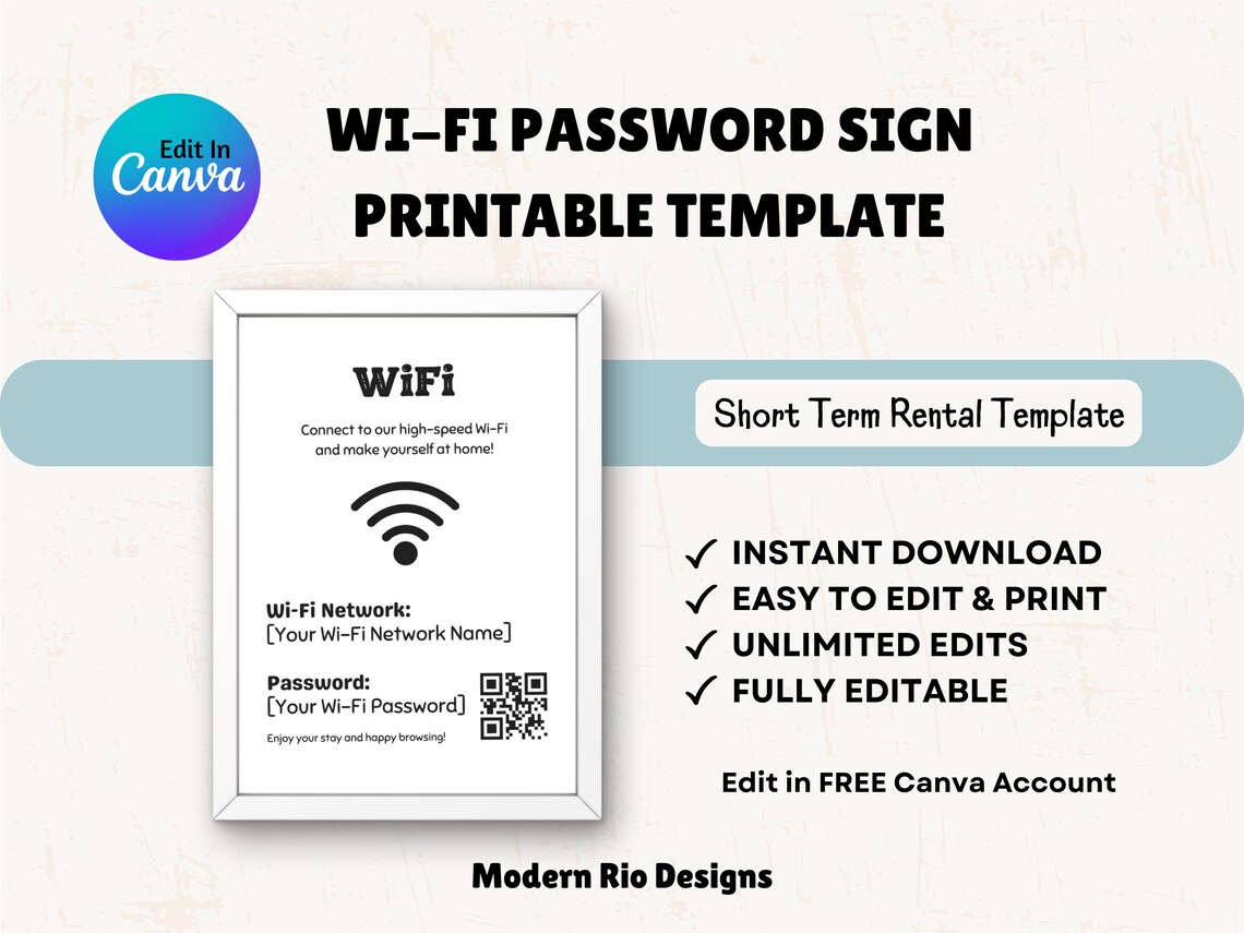 Wifi Password Sign Printable, Instant Download, Wifi Sign for Airbnb ...