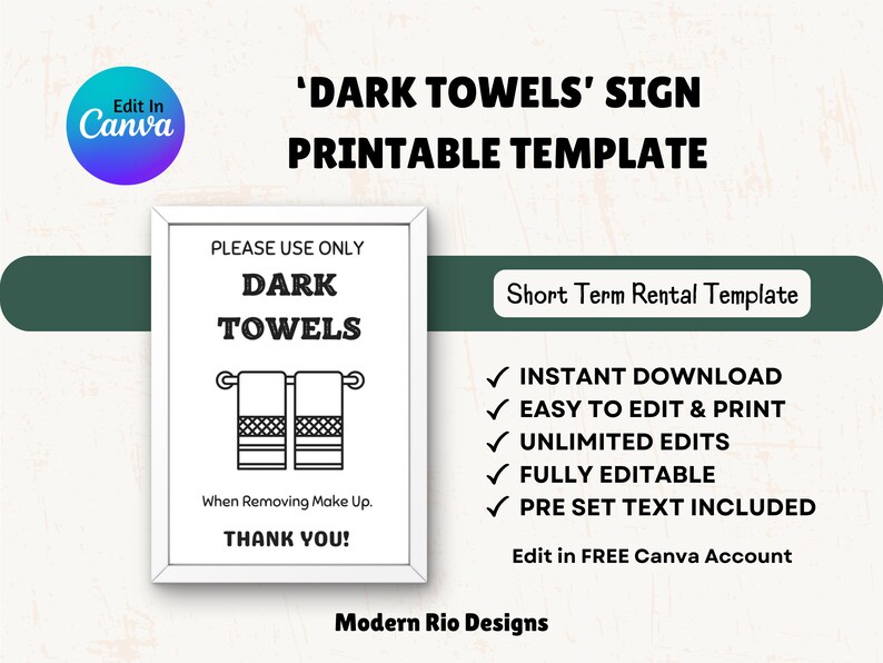 Use Dark Towels Editable Sign, Airbnb Makeup Removal Sign, Makeup ...