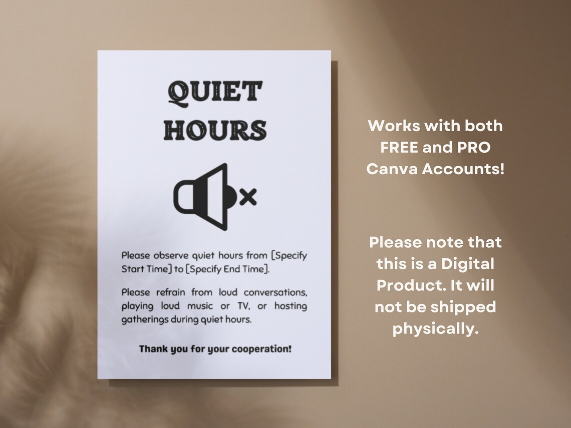 Quiet Hours Printable Sign, Printable Quiet Sign, Airbnb Noise Rules ...