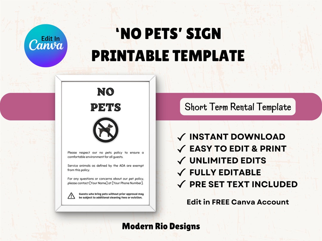 No Pets Allowed Airbnb Template Sign, Template Sign for Airbnb Hosts ...