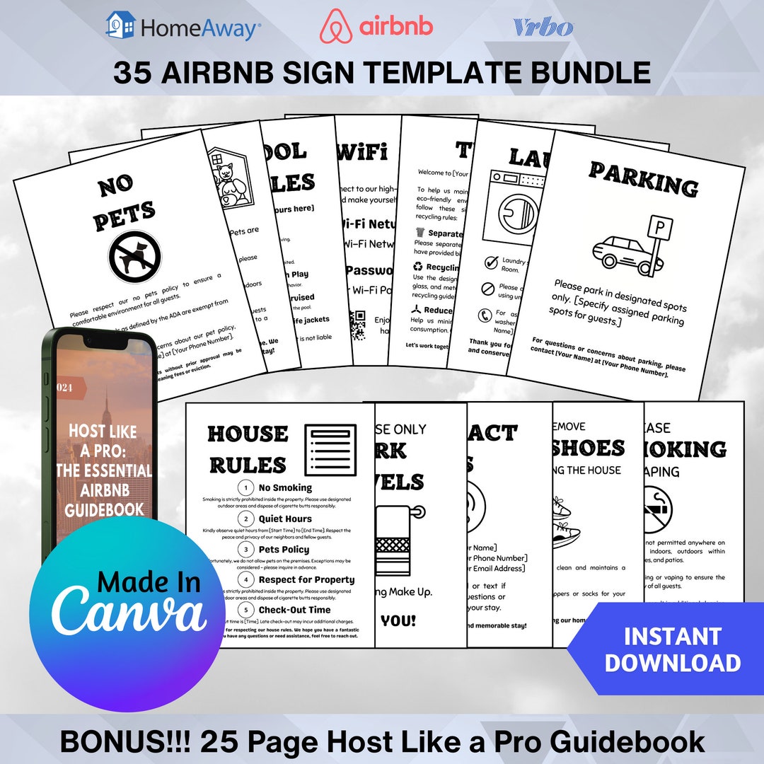 Airbnb Host Bundle Digital Template, Airbnb Sign Bundle, Editable ...