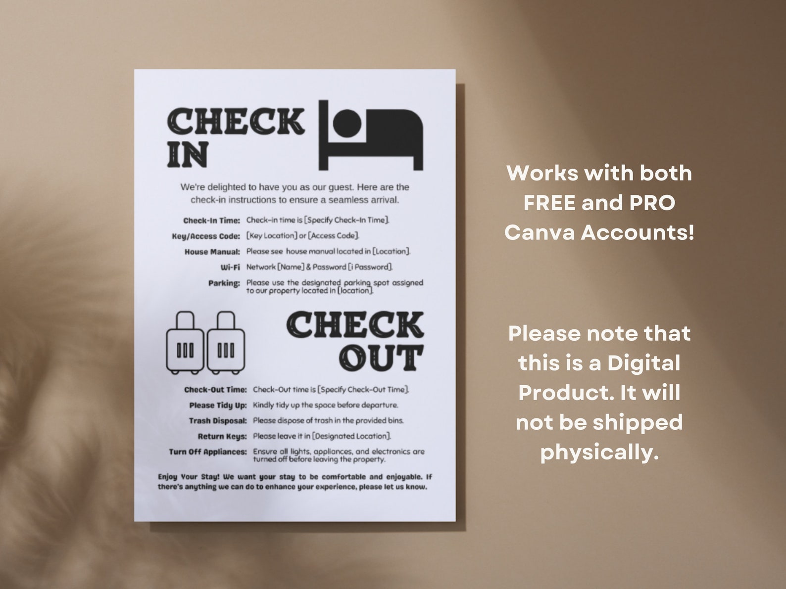 Check-in & Check-out Instructions Sign, Checkout Sign, Printable Check ...