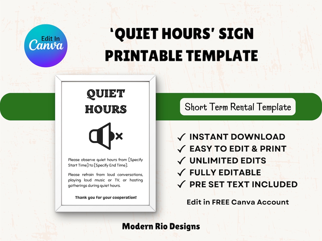 Quiet Hours Printable Sign, Printable Quiet Sign, Airbnb Noise Rules ...