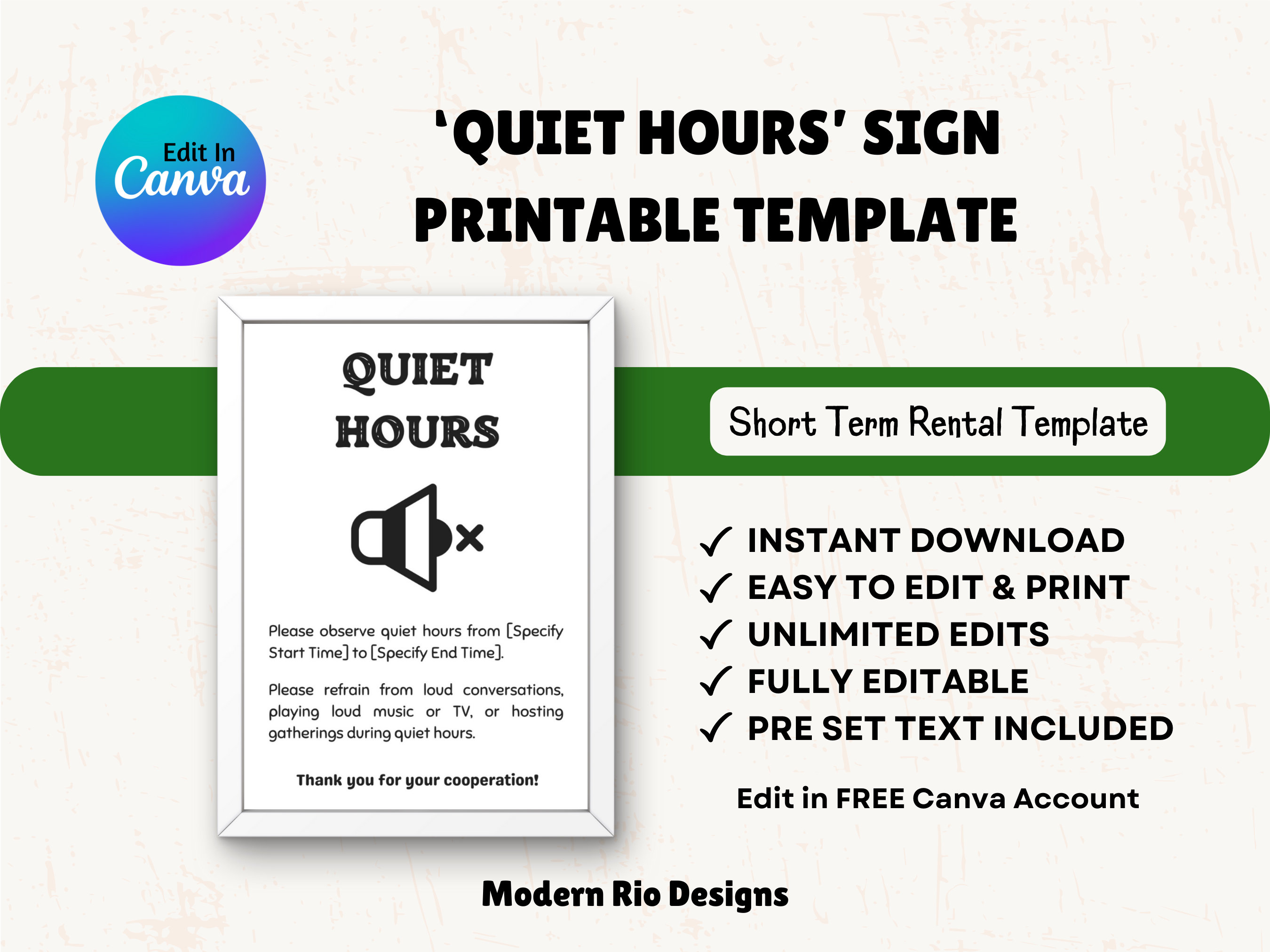 Quiet Hours Printable Sign, Printable Quiet Sign, Airbnb Noise Rules Sign, Airbnb Host Sign ...