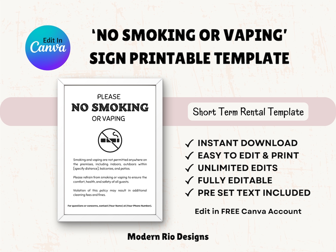 No Smoking or Vaping Sign, No Smoking Editable Printable Sign, Airbnb ...
