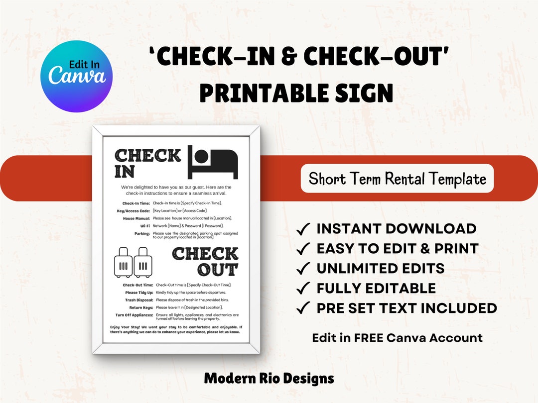 Check-in & Check-out Instructions Sign, Checkout Sign, Printable Check ...