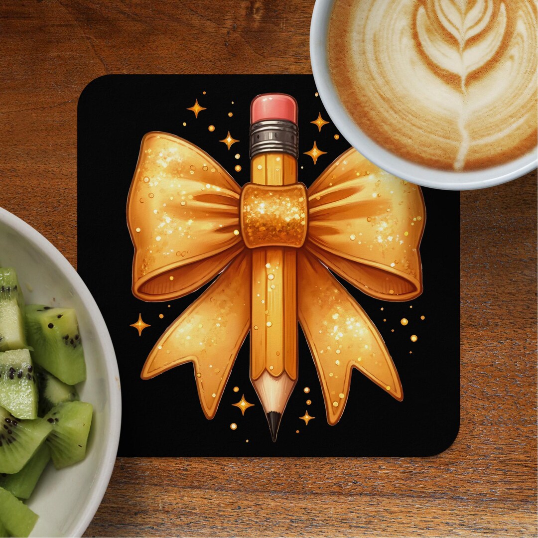 Cute Pencil With Bow Coaster, Glitter Pencil Design Coaster, Desk ...