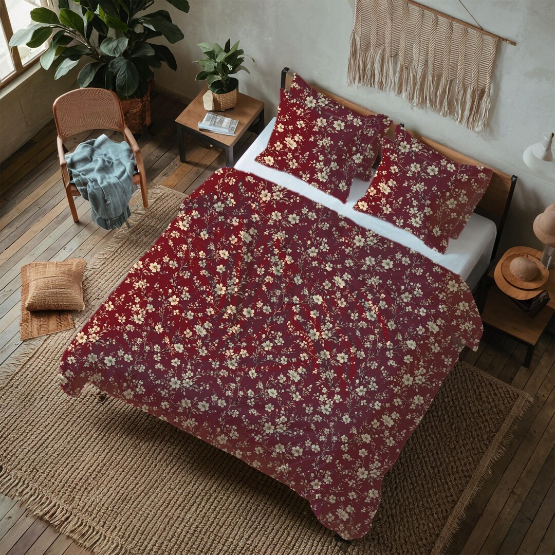 Red Comforter, Tiny White Flowers, Floral Bedding, Cozy Birthday Gifts ...