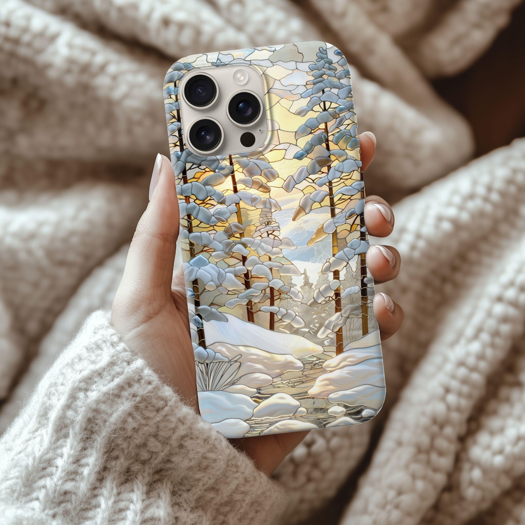 Winter Stained Glass Snowy Pines iPhone Case 17 16 15 14 13 12 11 ...