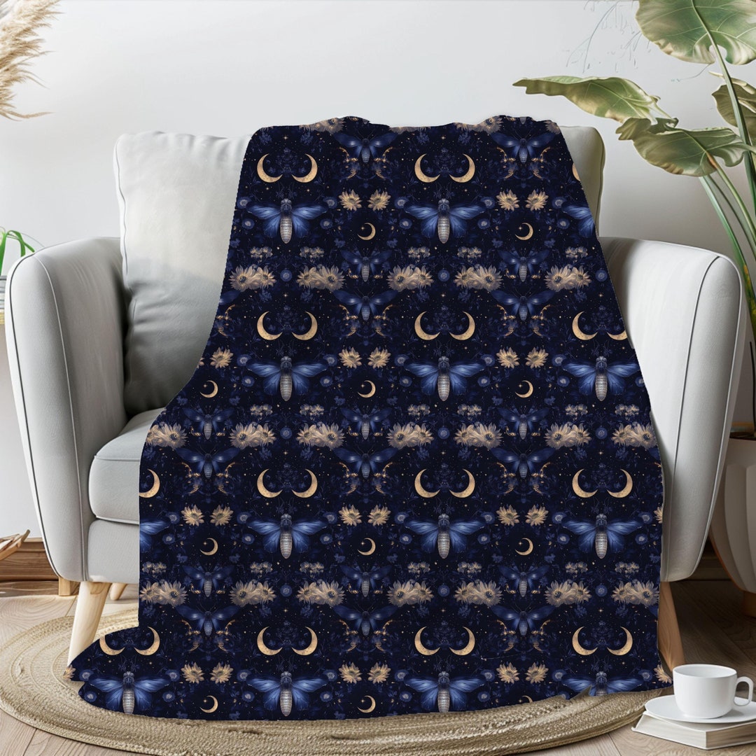 Blue Moth Crescent Moon Throw Blanket for Bed, Gothic Cottagecore ...