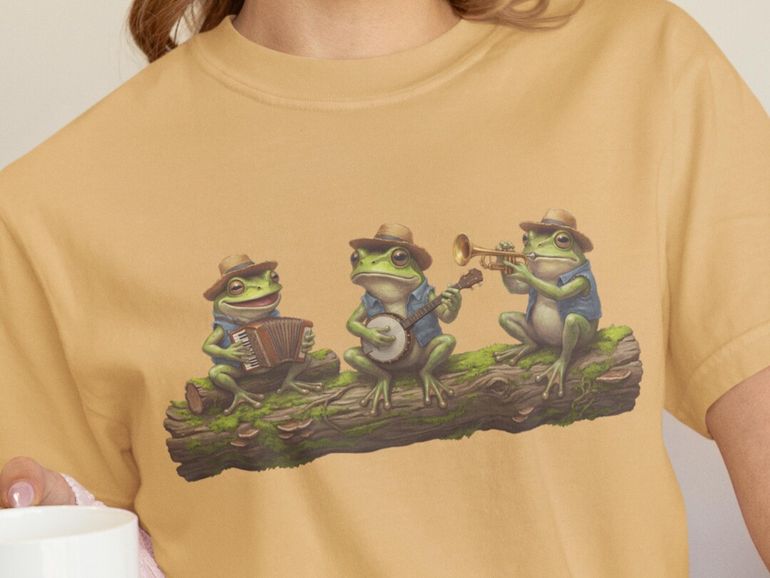Three Frogs Band Playing on a Log T-shirt | Musical Frog Illustration ...