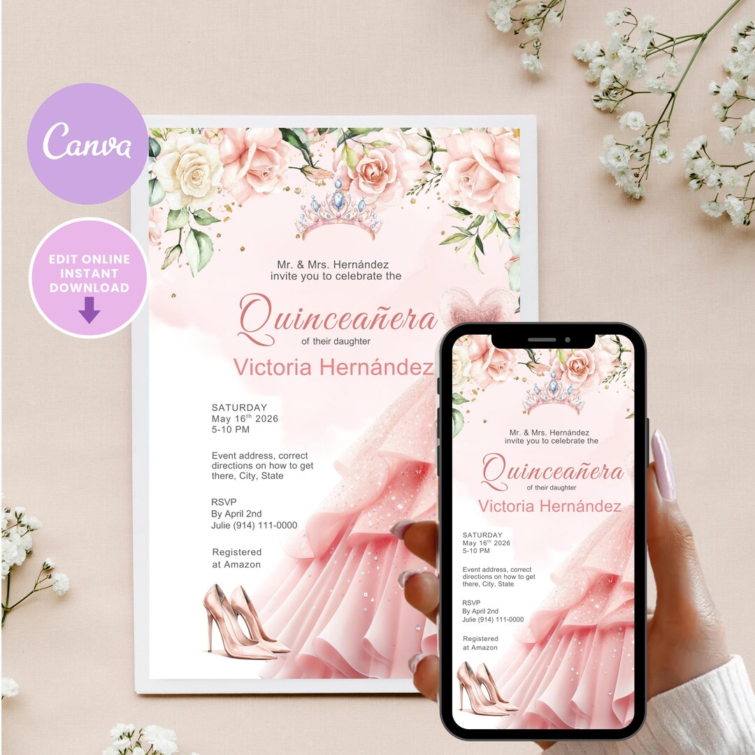 Pink Quinceañera Invitation Canva Template, Editable Quinceañera ...