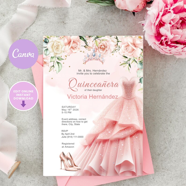 Pink Quinceañera Invitation Canva Template, Editable Quinceañera ...