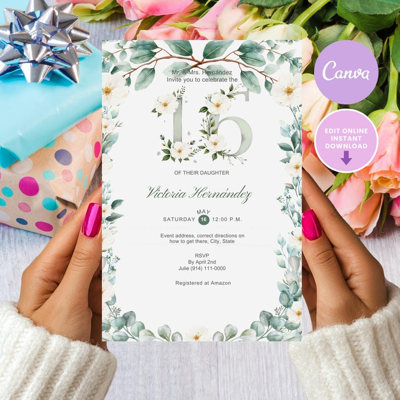 Editable Quinceañera Invitation Template Sage Green Floral Silvestre ...