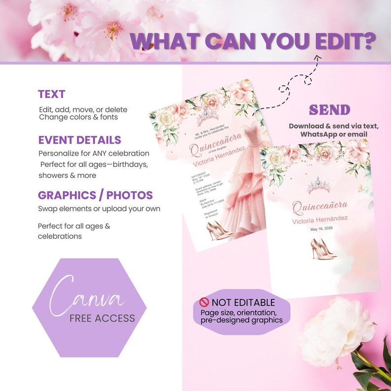 Pink Quinceañera Invitation Canva Template, Editable Quinceañera ...
