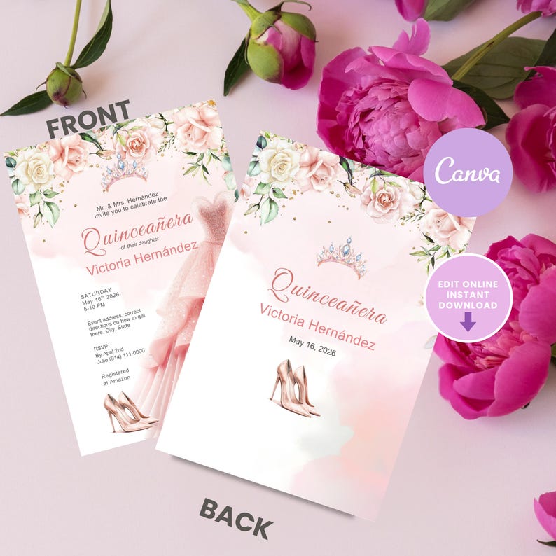 Pink Quinceañera Invitation Canva Template, Editable Quinceañera ...