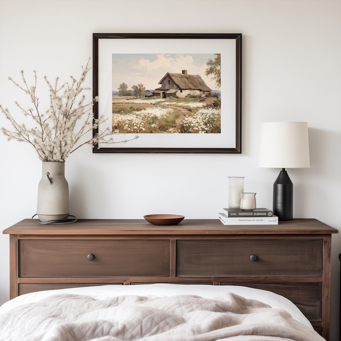 Printable Farmhouse Wildflowers Landscape Vintage Oil Painting, Muted ...