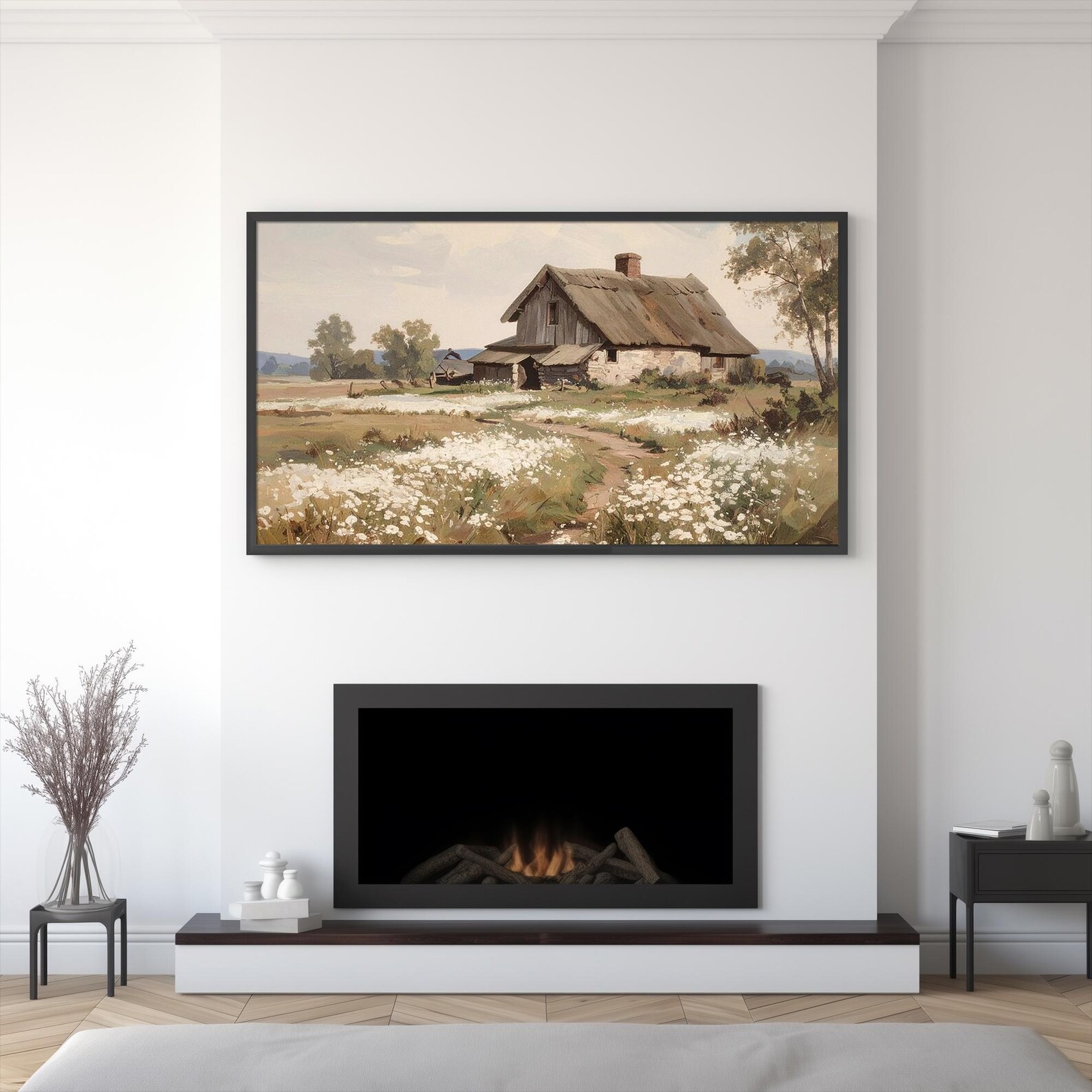 Printable Farmhouse Wildflowers Landscape Vintage Oil Painting, Muted ...