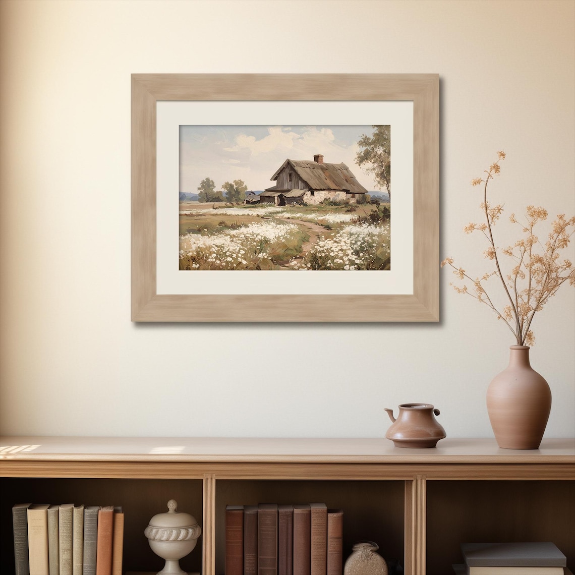 Printable Farmhouse Wildflowers Landscape Vintage Oil Painting, Muted ...