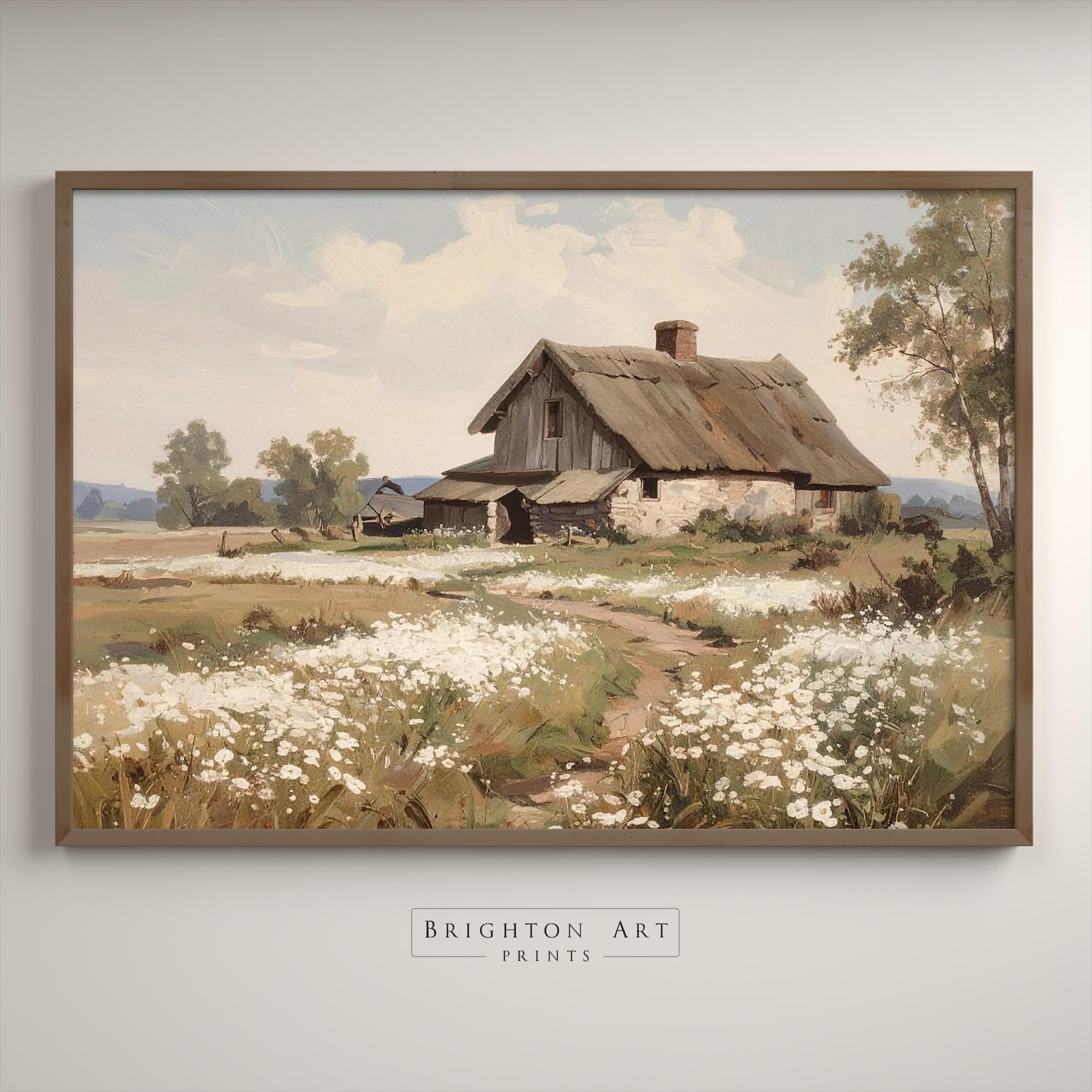 Printable Farmhouse Wildflowers Landscape Vintage Oil Painting, Muted ...