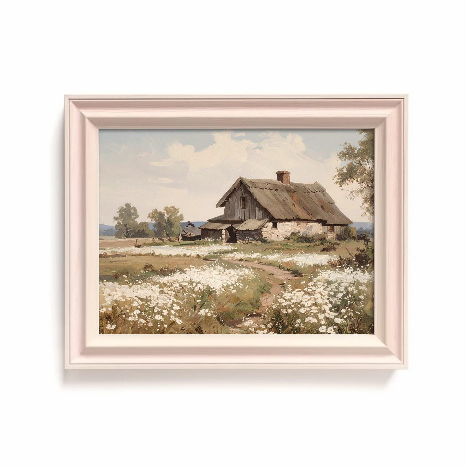 Printable Farmhouse Wildflowers Landscape Vintage Oil Painting, Muted ...