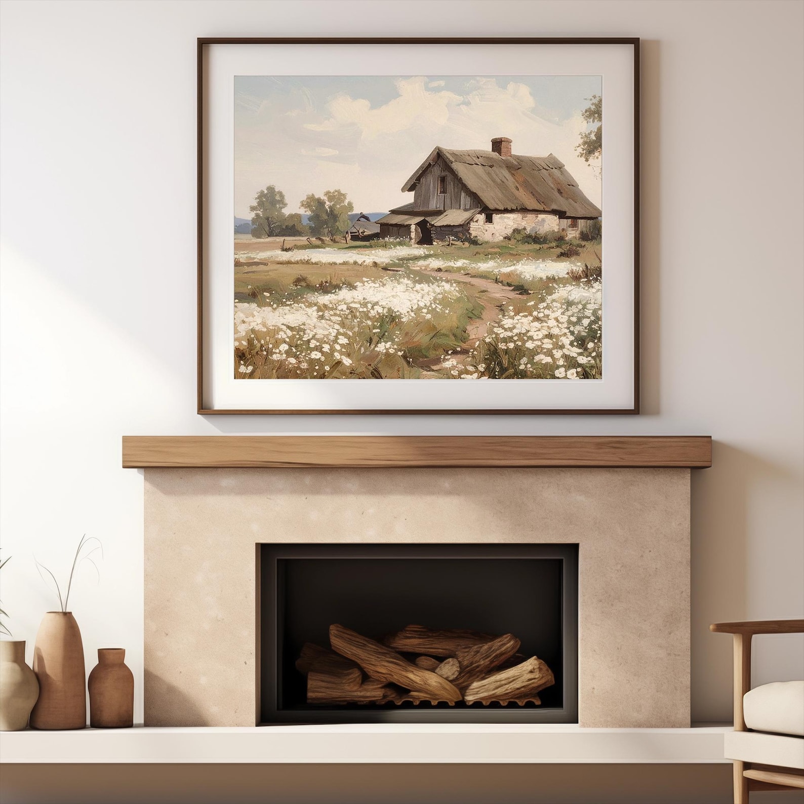 Printable Farmhouse Wildflowers Landscape Vintage Oil Painting, Muted ...