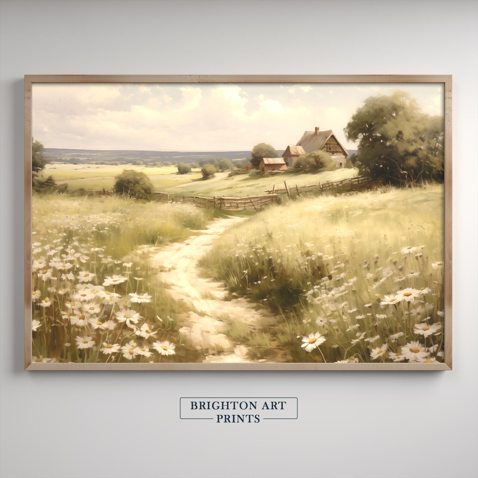 Field With Cottage and Small White Flowers Oil Painting Vintage ...