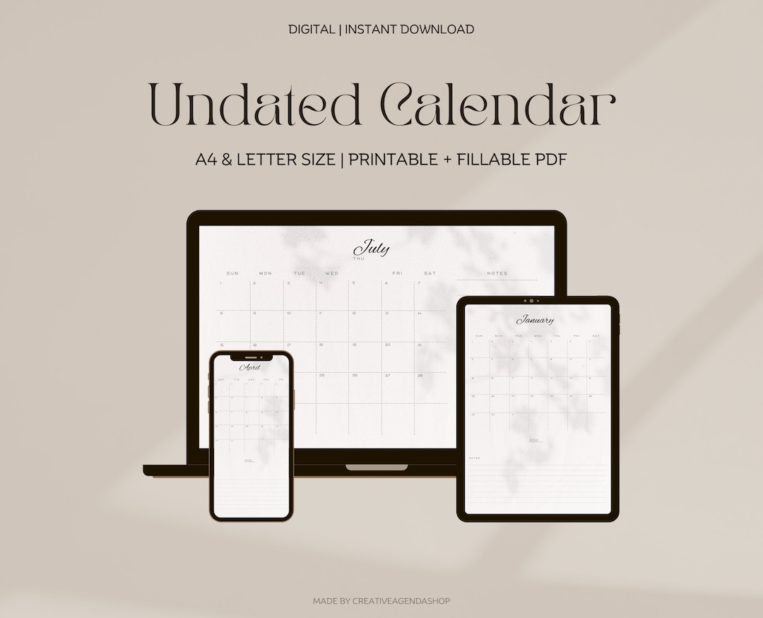 Digital Calendar Monthly Planner Landscape Elegant A4 and Letter Size ...