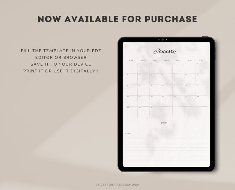 Digital Calendar Monthly Planner Landscape Elegant A4 and Letter Size ...
