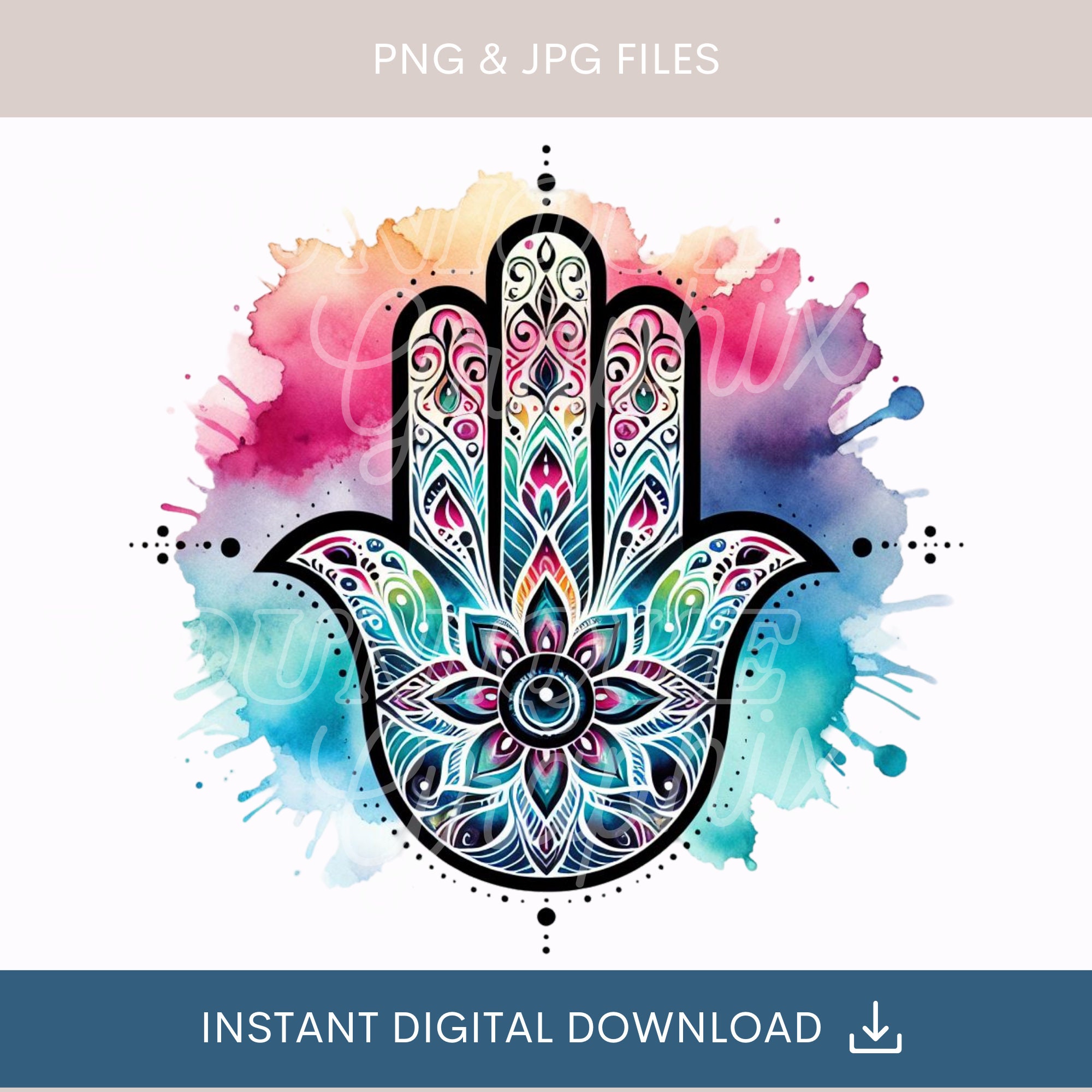 Watercolor Hamsa Hand of Fatima Design PNG Graphic Design Digital Files ...