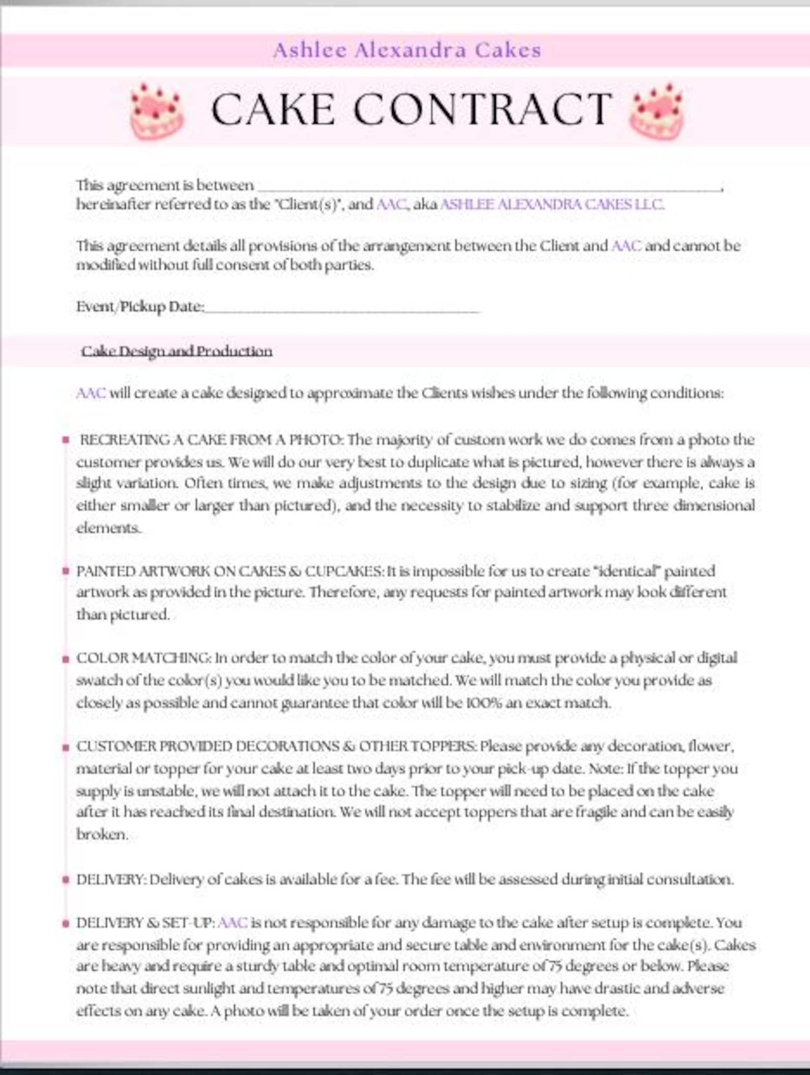 Cake Contract Template-fully Editable Cake Contract-diy Cake Contract ...