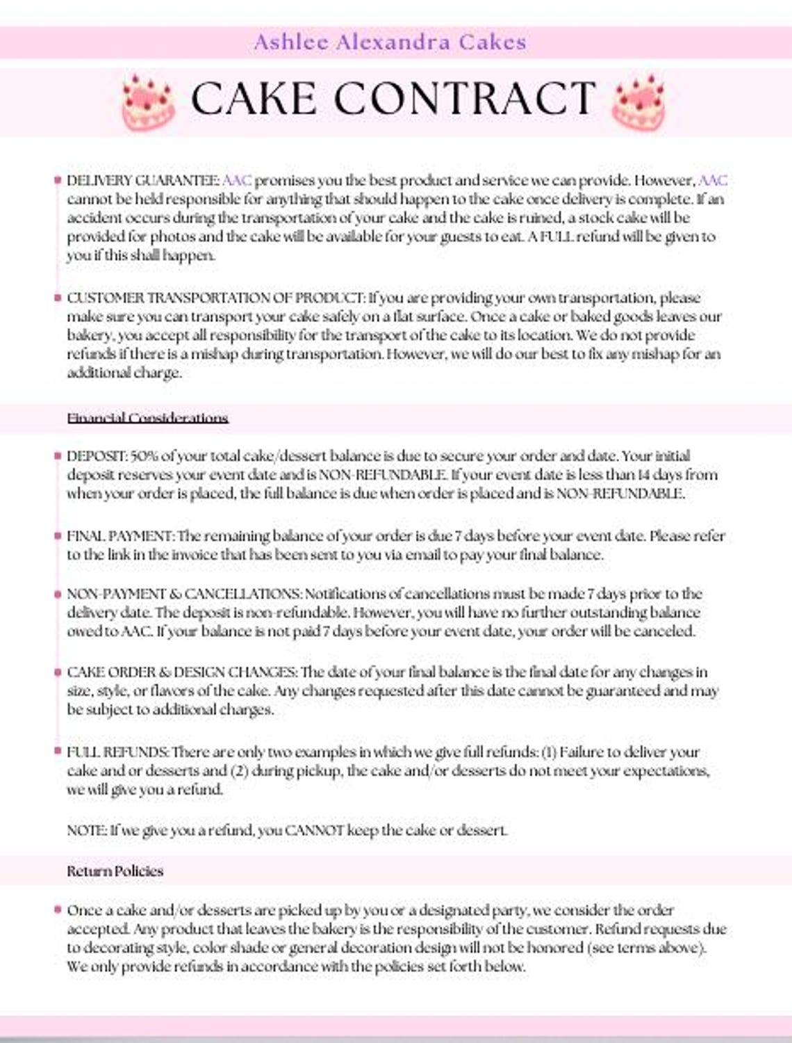Cake Contract Template-fully Editable Cake Contract-diy Cake Contract ...