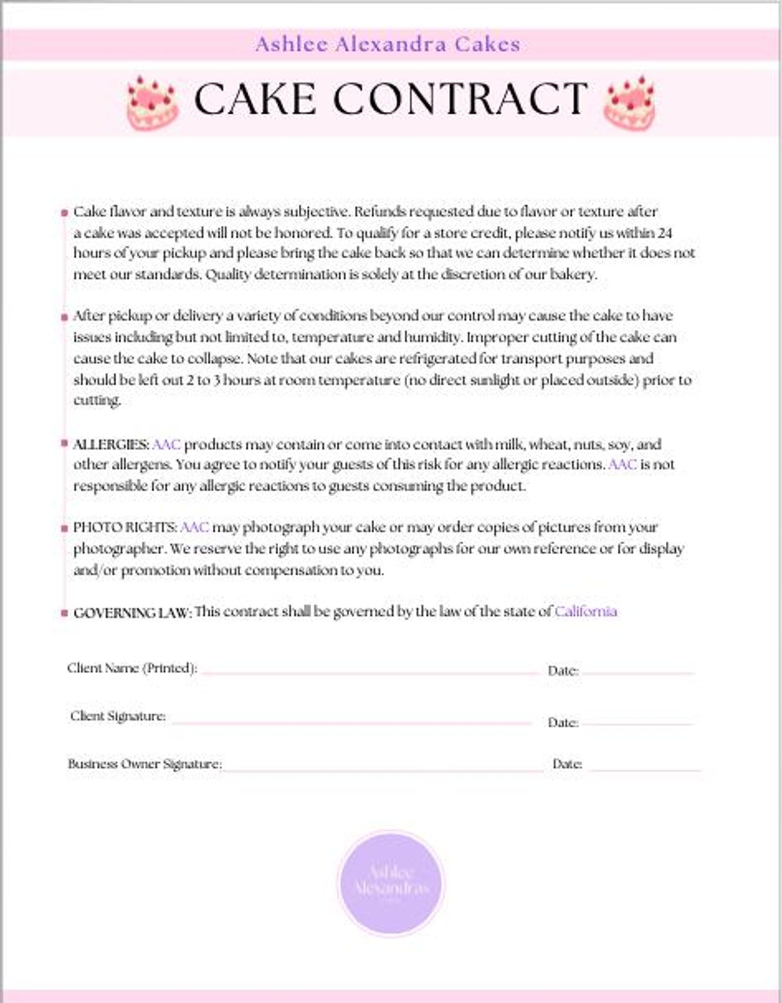 Cake Contract Template-fully Editable Cake Contract-diy Cake Contract ...