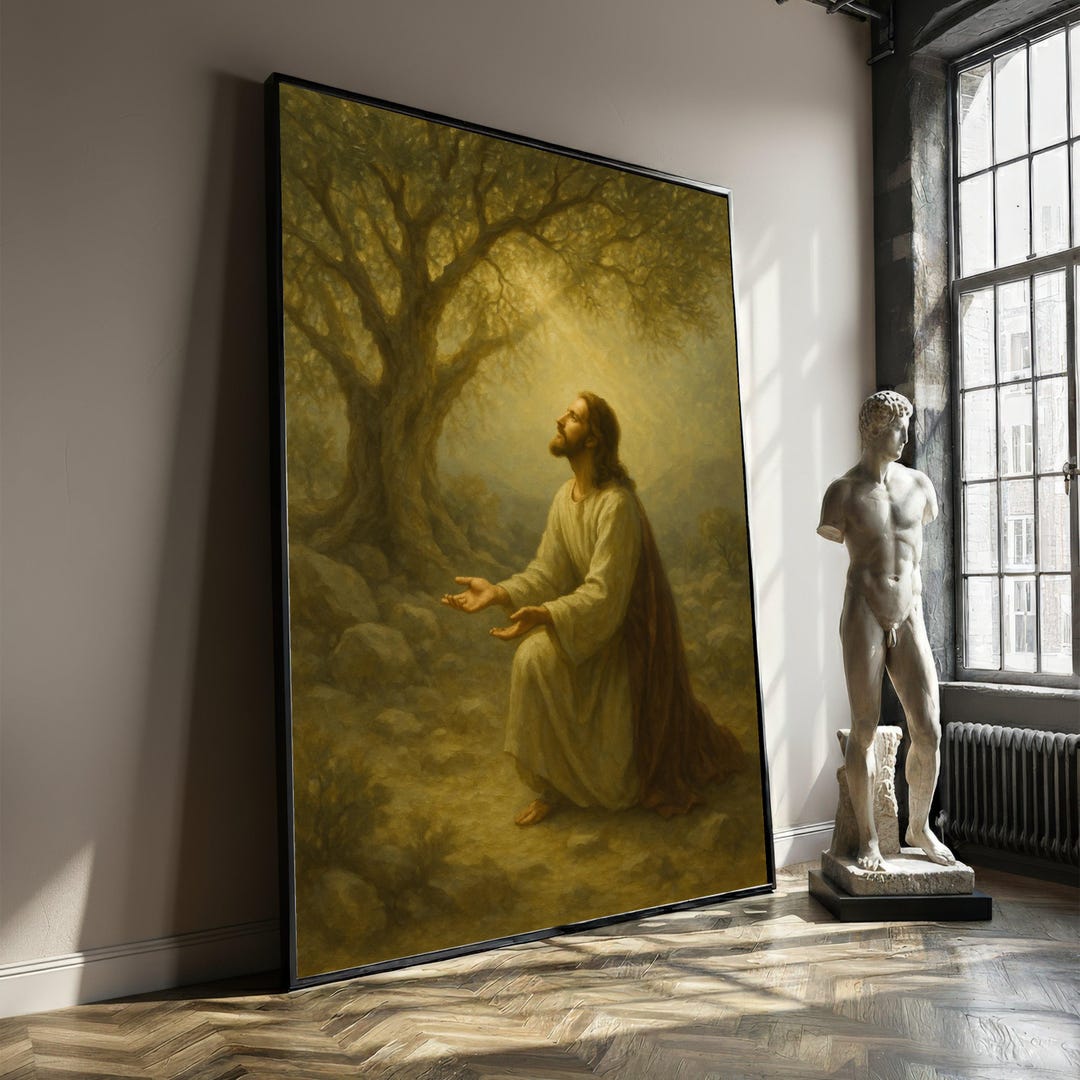 Spiritual Prayer Scene Canvas, Jesus Kneeling Wall Art, Religious Home ...