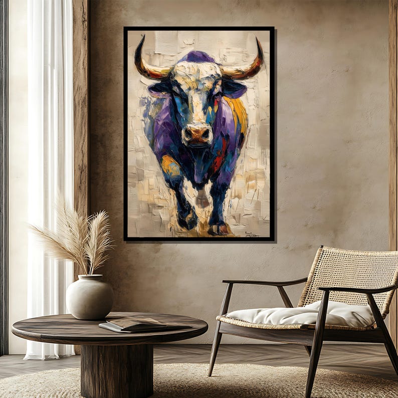 Colorful Bull Canvas Painting, Bold Animal Wall Art, Abstract Canvas ...