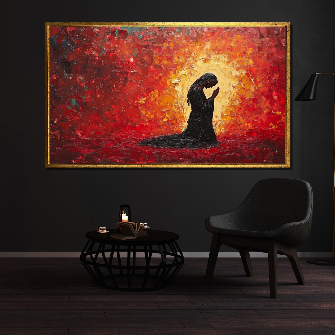 Abstract Woman Praying Canvas Painting, Red Spiritual Wall Art ...