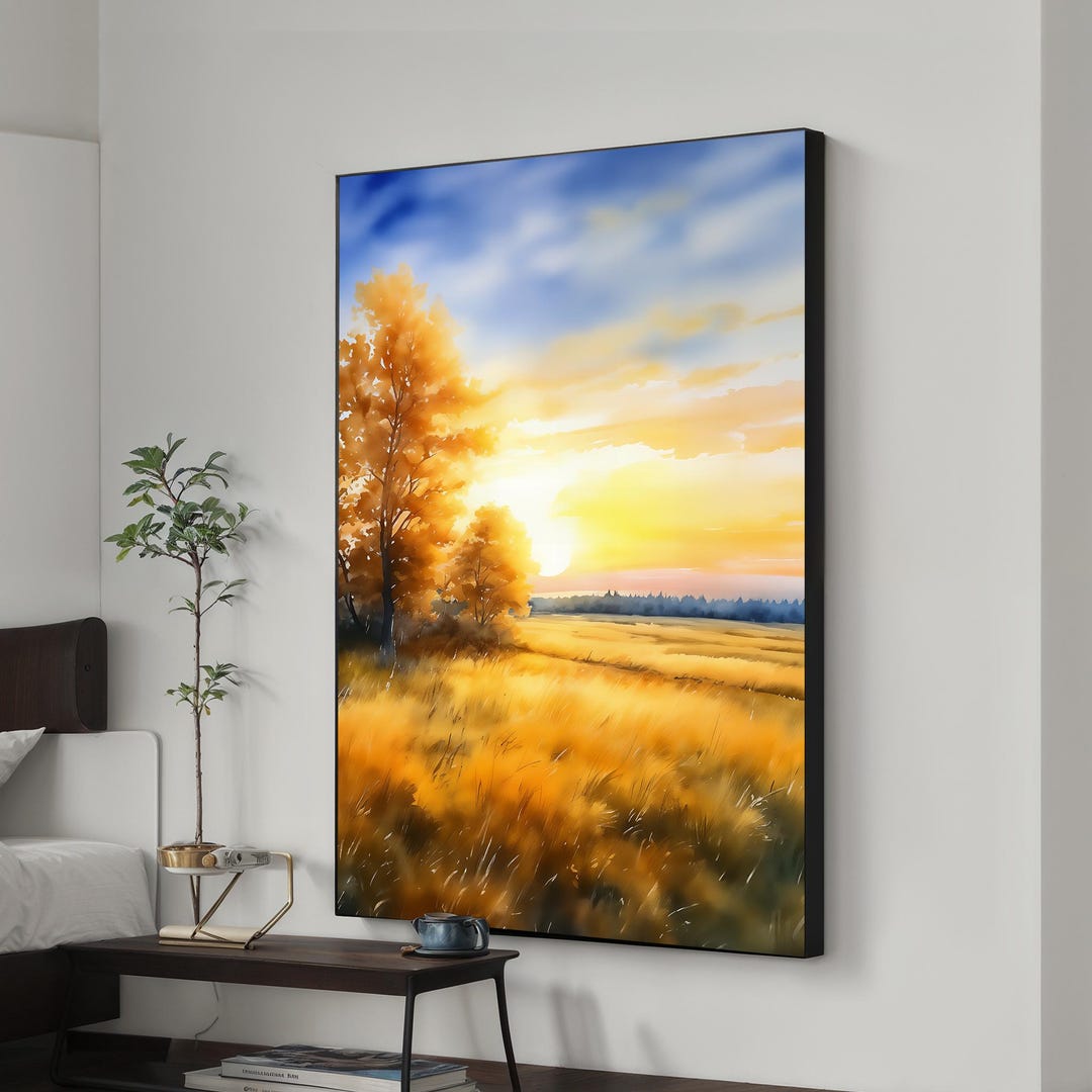 Golden Sunset Landscape Canvas Painting, Serene Nature Wall Art ...