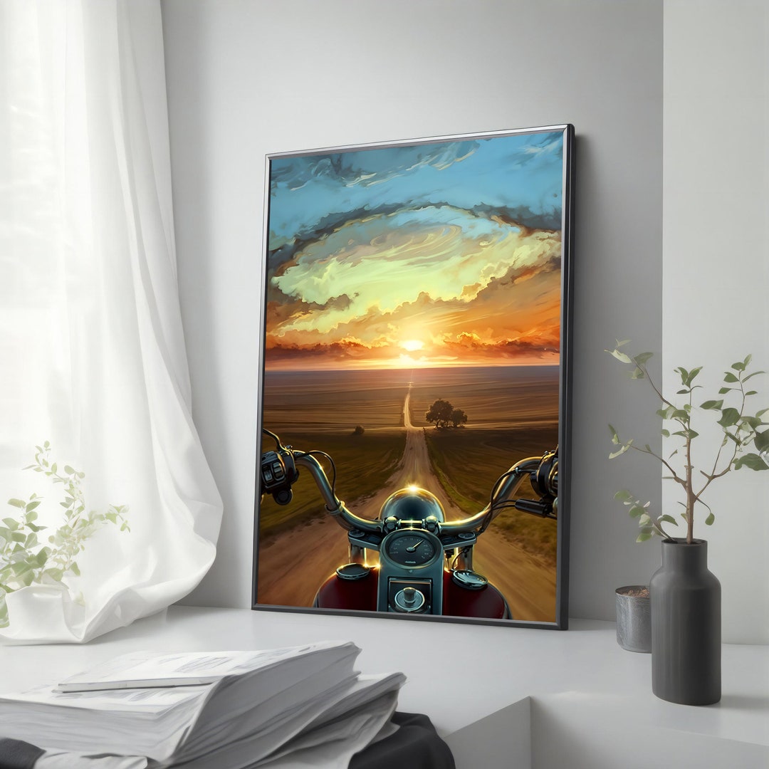 Sunset Motorcycle Canvas Painting, Sunset Wall Art, Long Journey ...