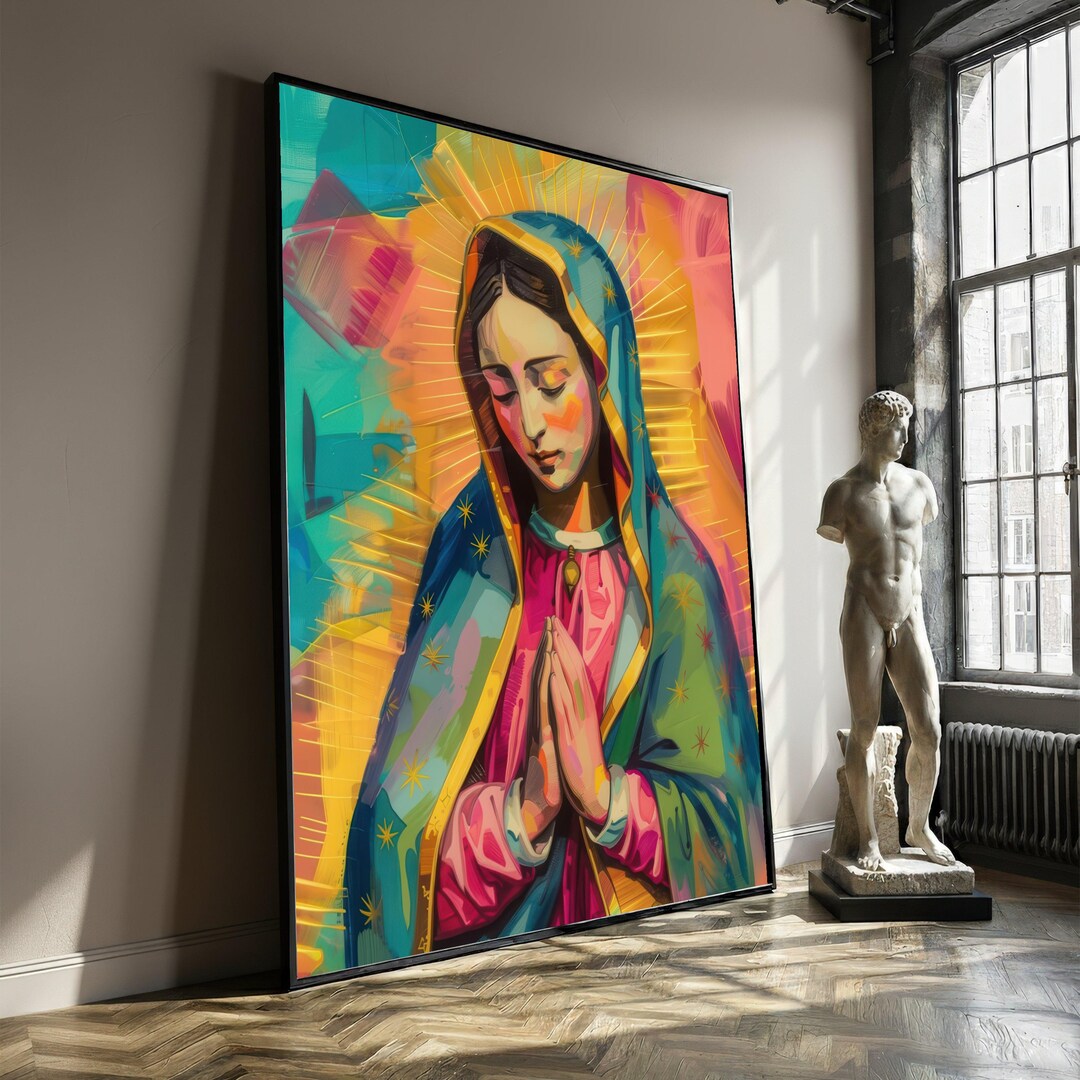 Colorful Virgin Mary Canvas Painting, Modern Religious Wall Art ...
