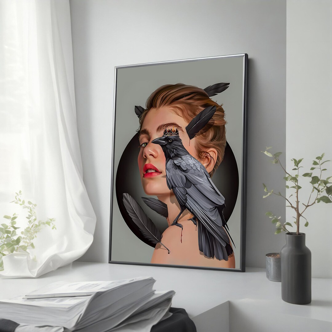 Surreal Crow Woman Portrait Canvas Painting, Gothic Wall Art for Unique ...