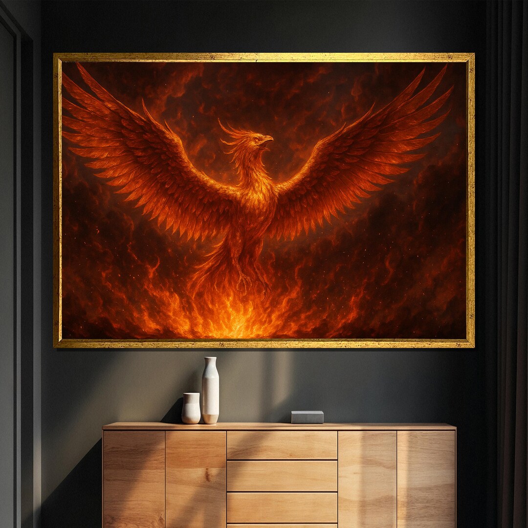 Phoenix Rising From Fire Canvas Painting, Fiery Mythical Bird Wall Art ...