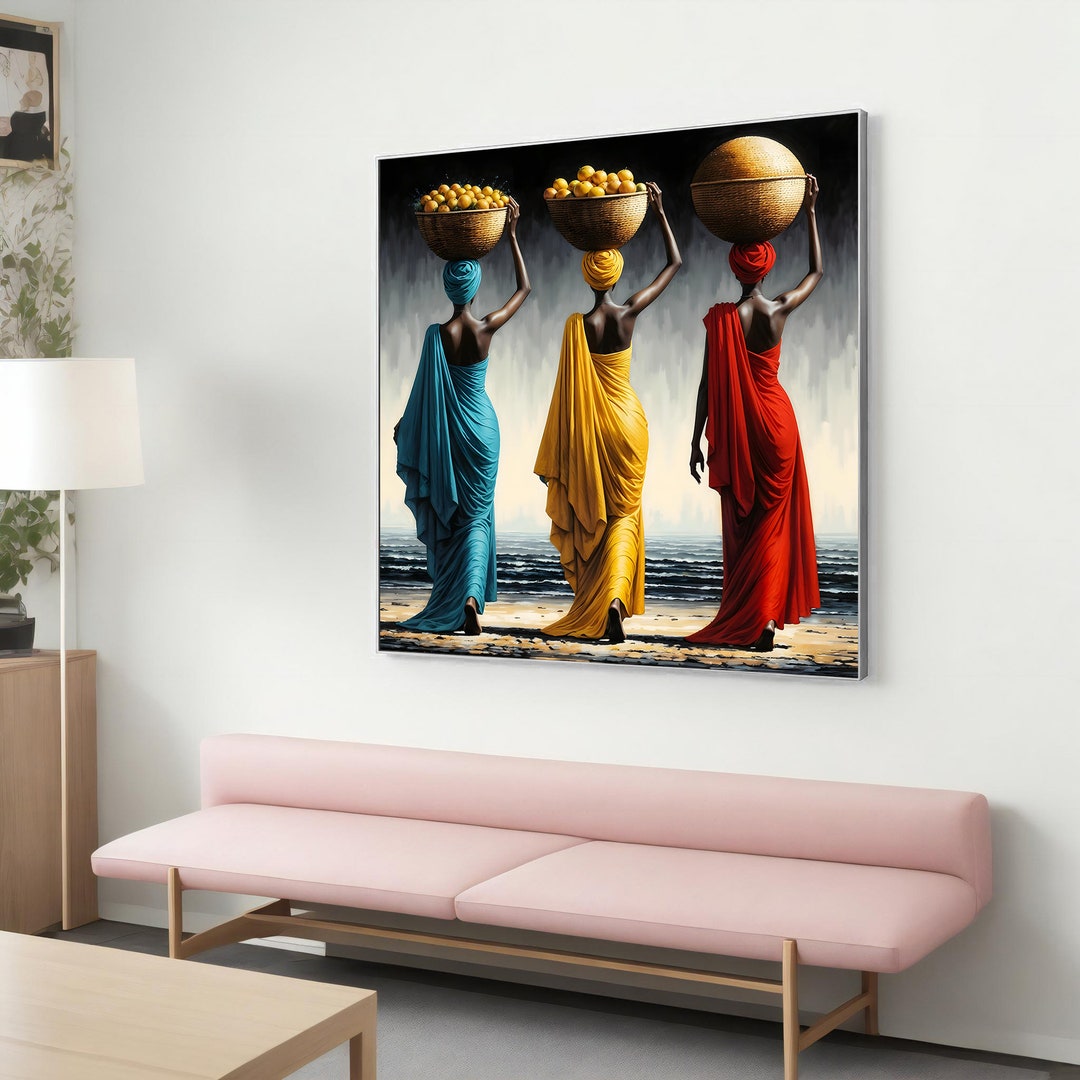 Colorful African Women Beach Scene Wall Art, Ethnic Home Decor, Ready ...