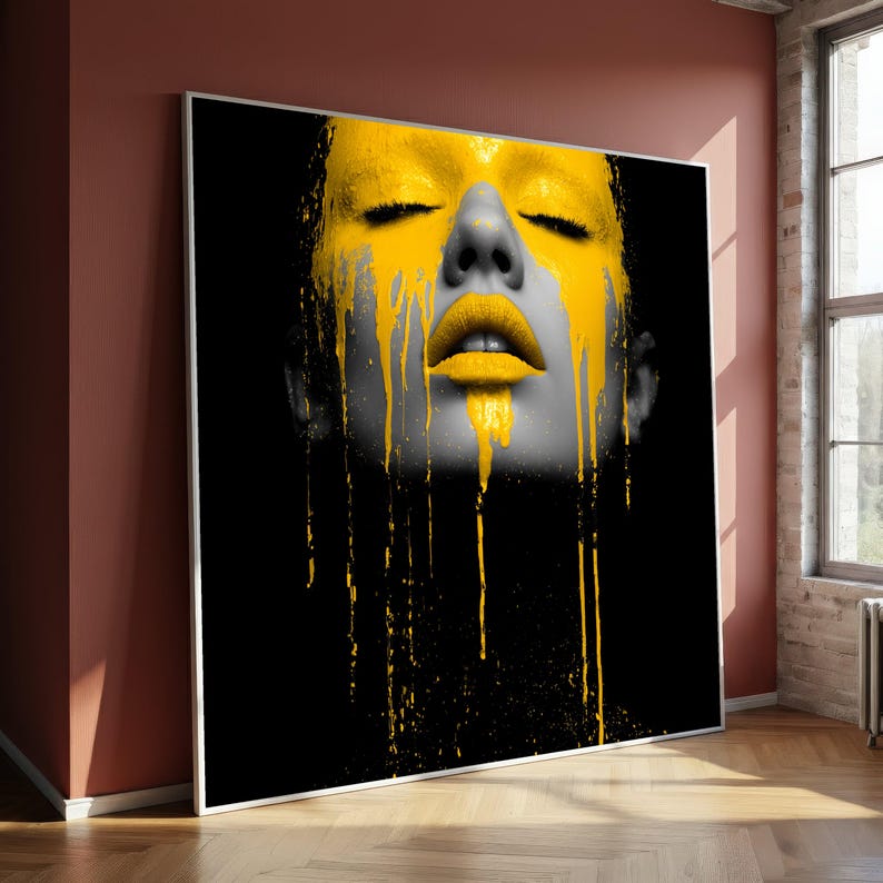 Abstract Yellow Paint Drip Face Canvas, Modern Surreal Wall Art ...